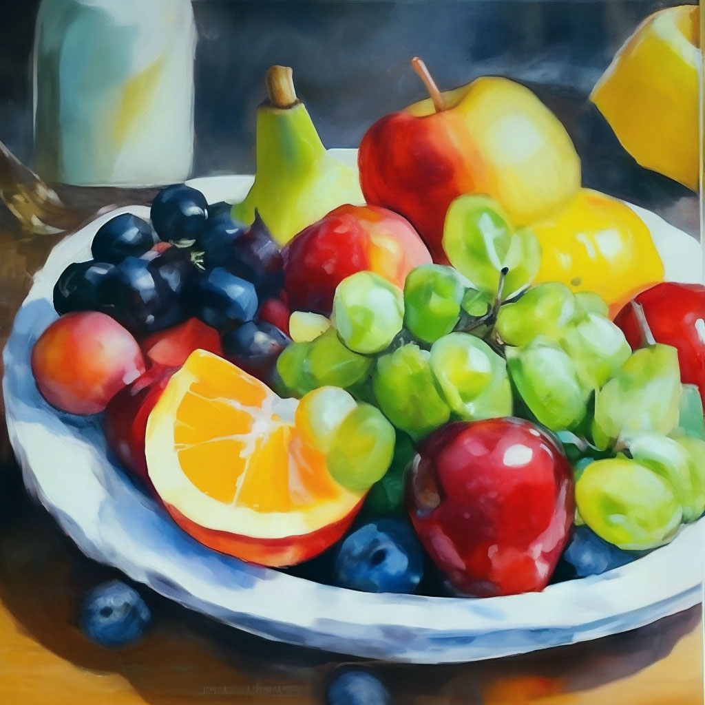 "Draw a fruit salad, oil painting" — image created in Shedevrum