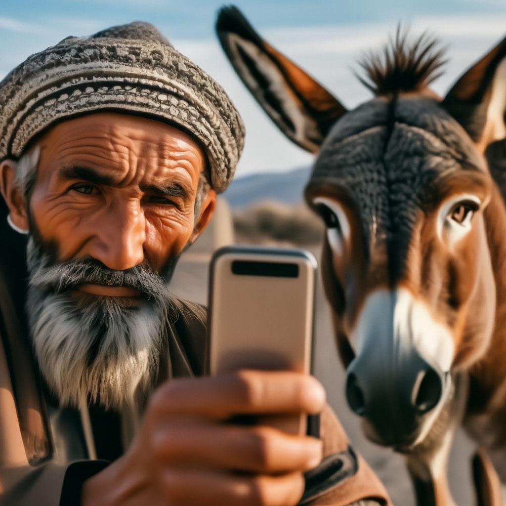 "An old Uzbek stands next to a donkey and takes a selfie on his phone ...