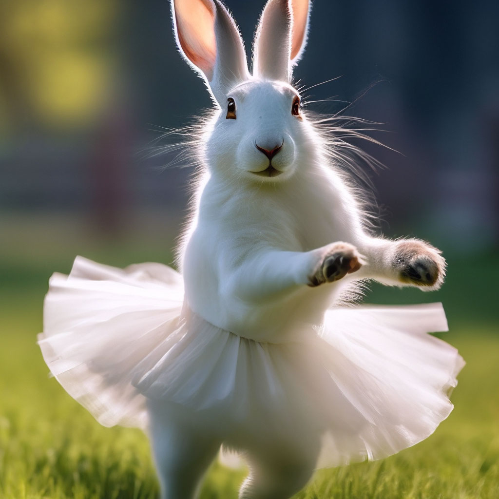 "White hare dancing on the grass in a tutu , aesthetically pleasing ...