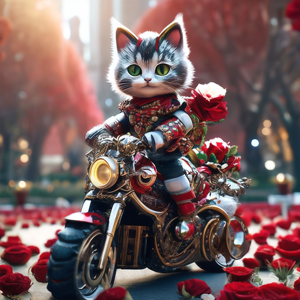 "An epic red motorcycle made of roses, a cheerful fluffy bug-eyed black ...