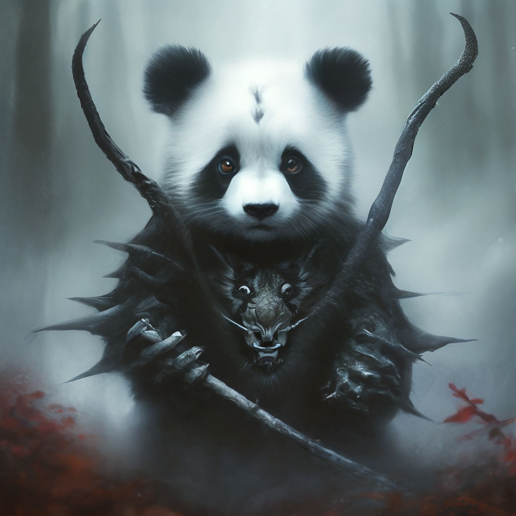 "Cute panda gets close to a demon from hell" — image created in Shedevrum