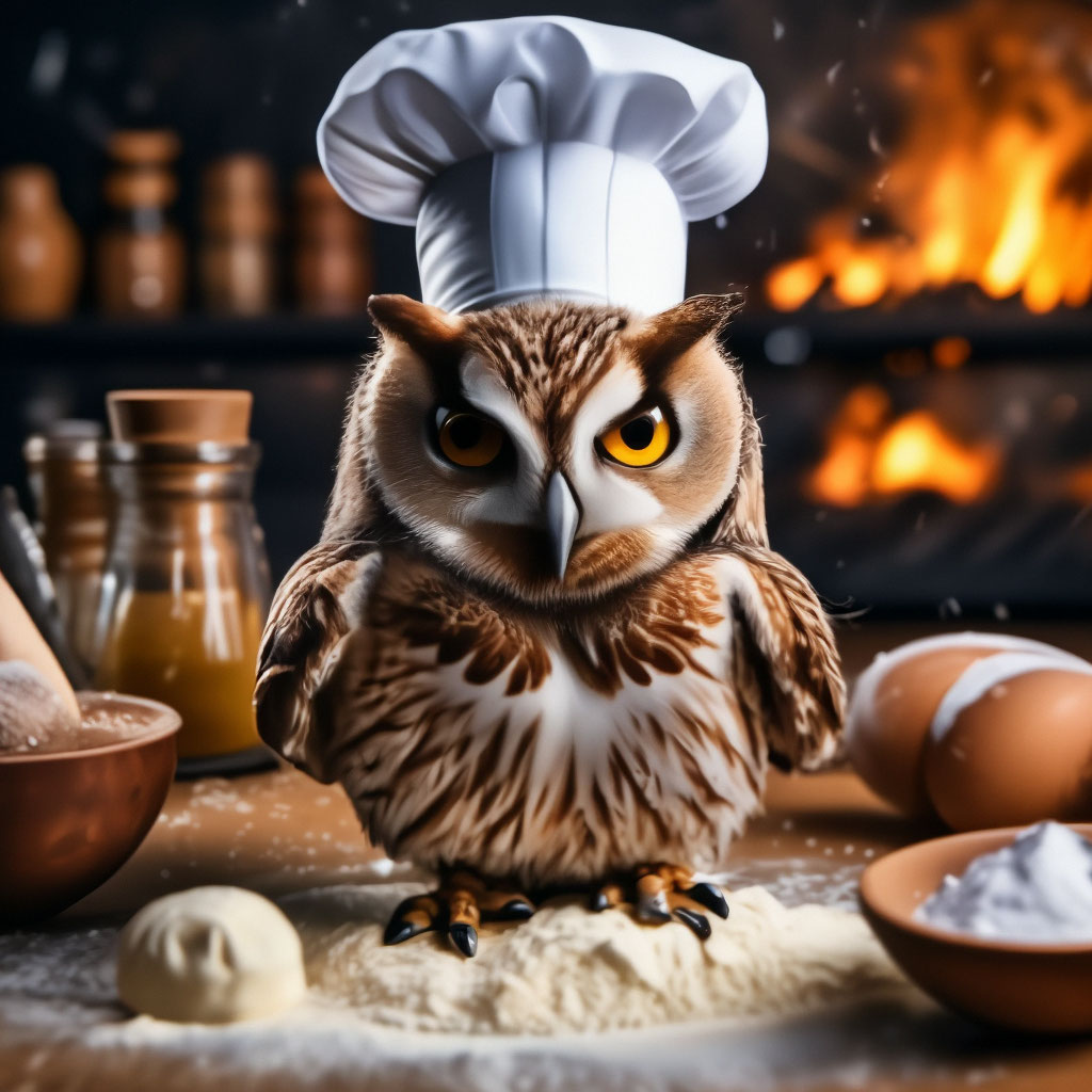 "Owl cook in a chef's hat, got dirty in flour while making bread ...