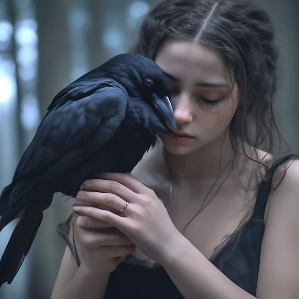 "Niña de luto sosteniendo una rosa, llorando, un Cuervo sentado en el ...