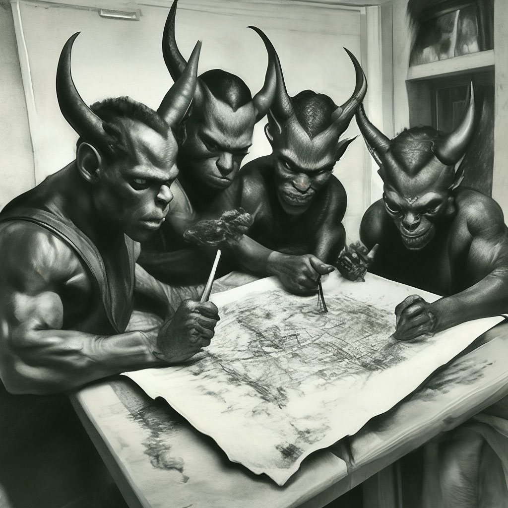"Four dirty little black devils were drawing a drawing in black ink ...