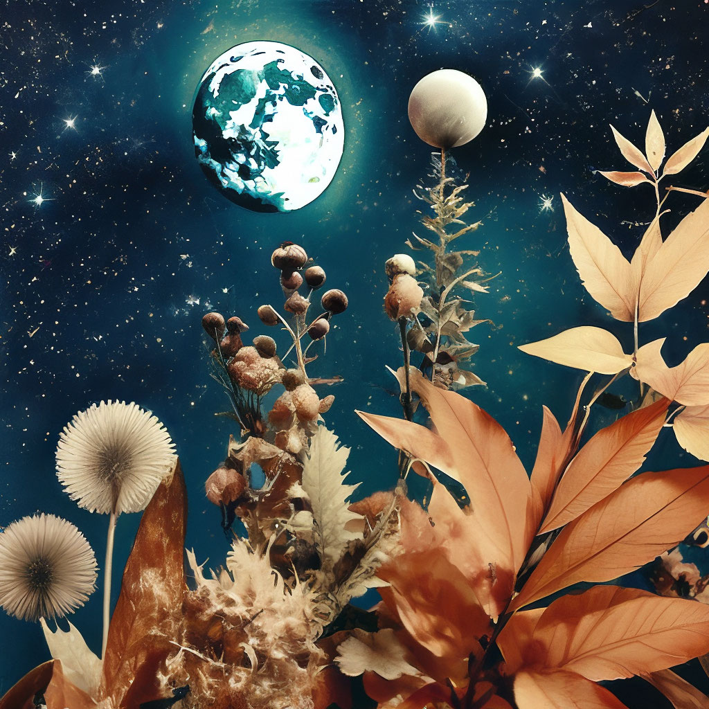 "Big moon, botanical, starry sky, autumn" — image created in Shedevrum