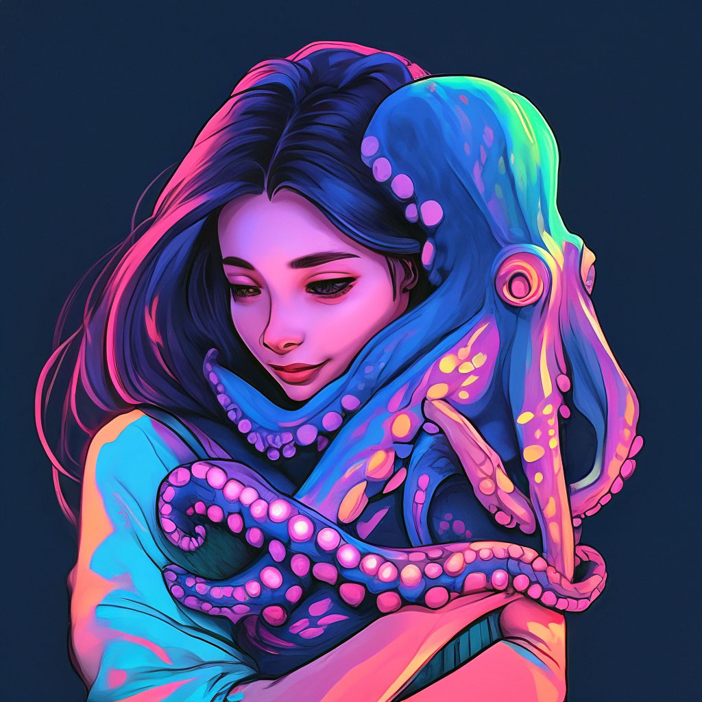 "Pet octopus hugs a beautiful girl, hand-drawn, high detail, neon ...