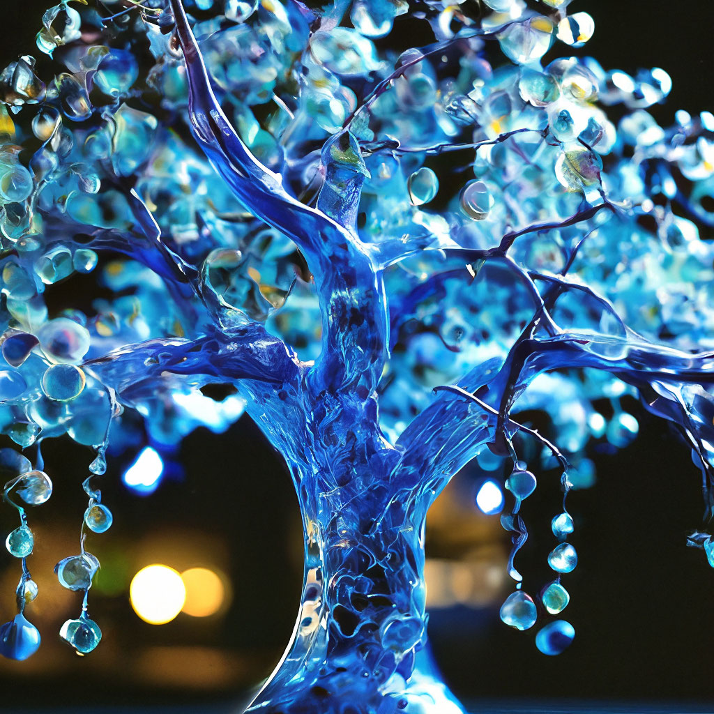 "A blue tree made of a bubbly glass trunk, on a black background,the ...