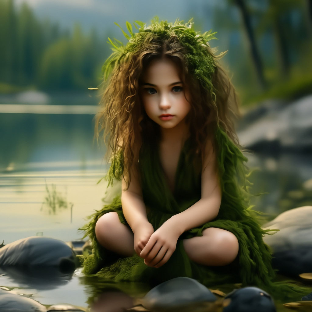 "A cute little marsh kikimora sits on a pebble by the lake and draws a ...