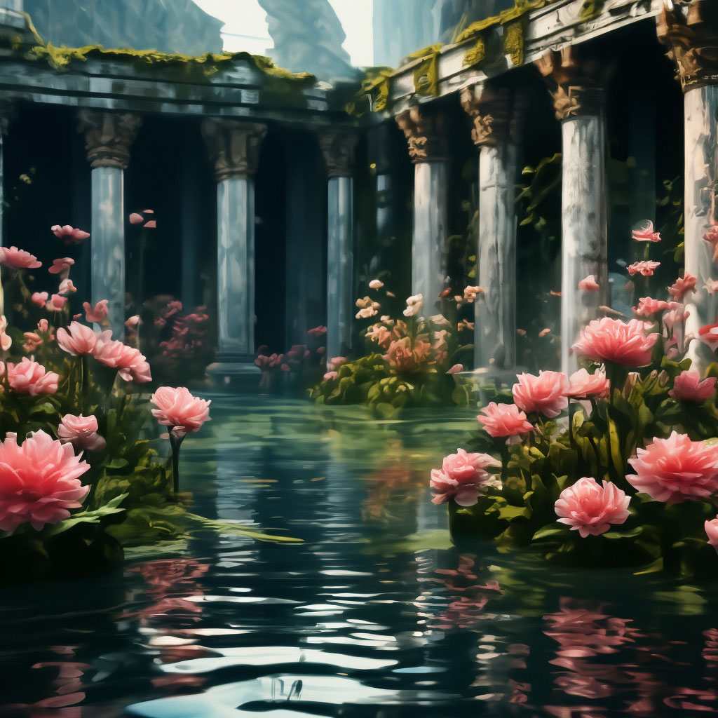 "Gloomy flower garden under water, ancient ruins, ultra-high resolution ...