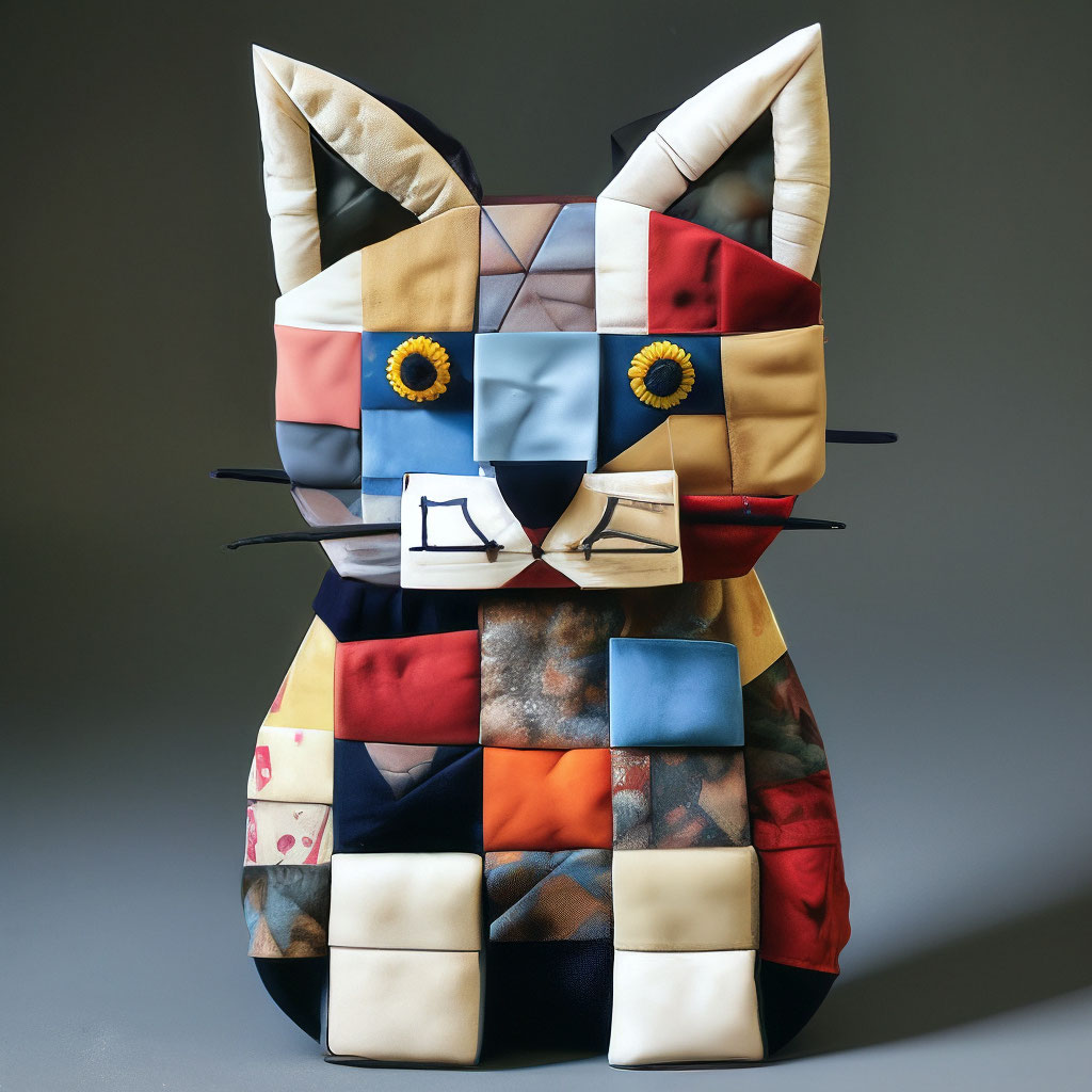 "A patchwork cat character" — image created in Shedevrum