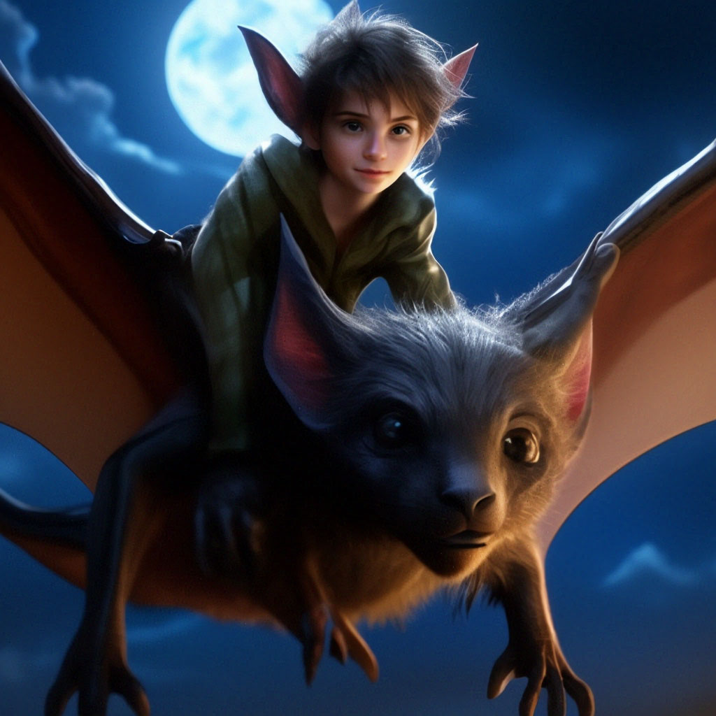 "Night elf boy flies on a bat, across the night sky bizarre, two, elf ...