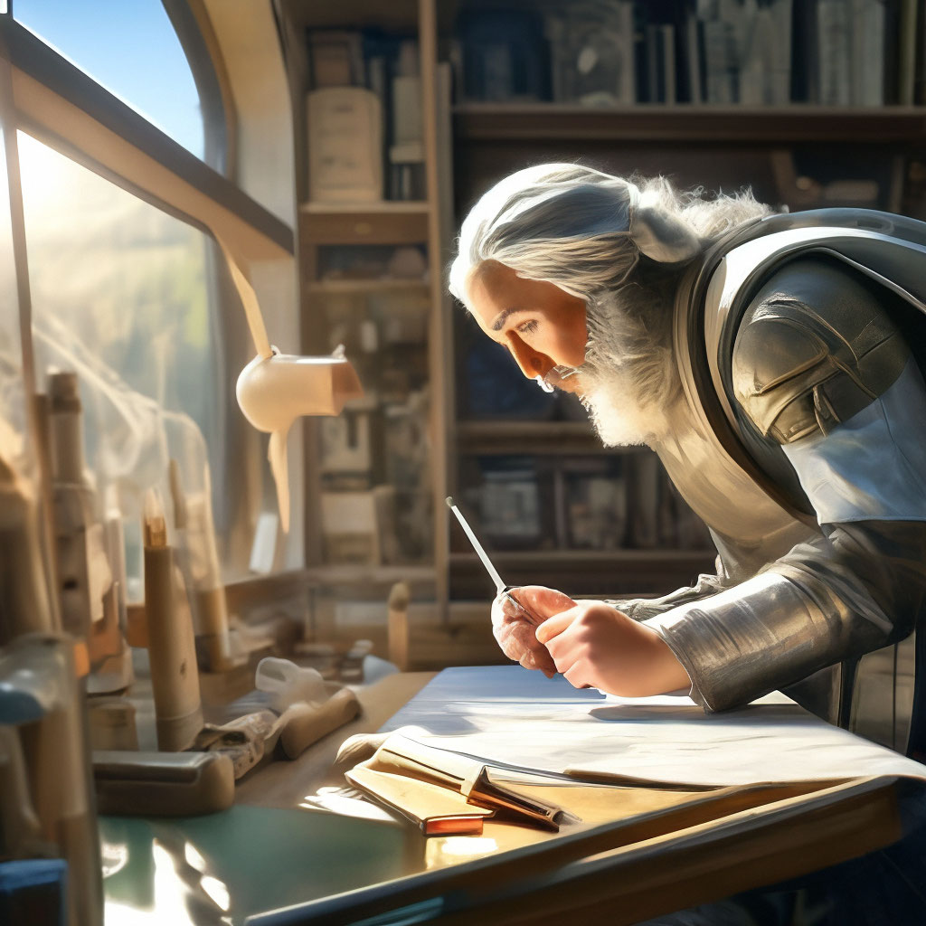 "Gray-haired Leonardo da Vinci at a workbench draws a spaceship from ...