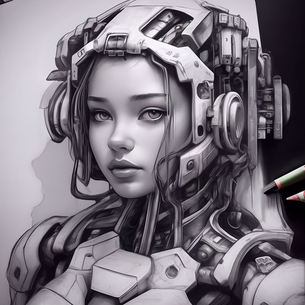 "Cyborg girl drawn in pencil" — image created in Shedevrum