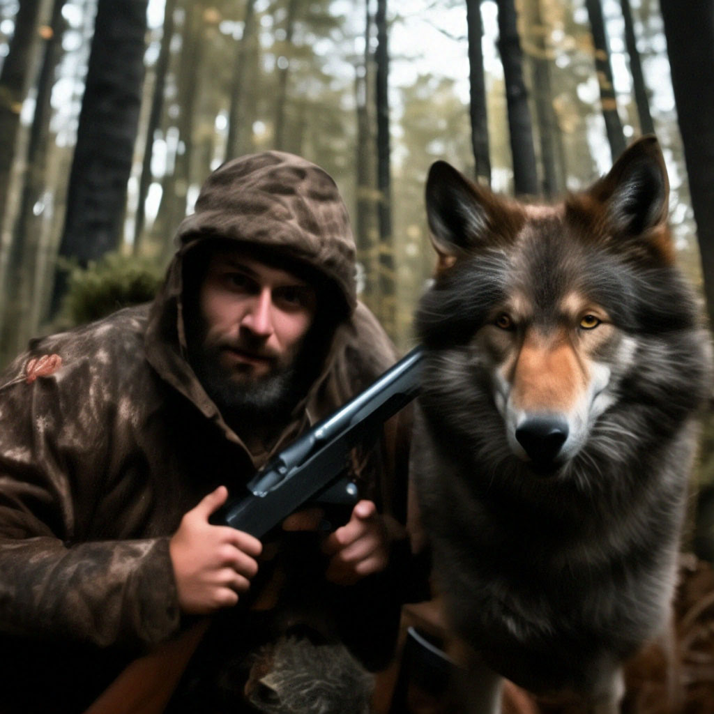 "Fabulous selfie Funny hunters and sad Gray Wolf, guns, forest ...