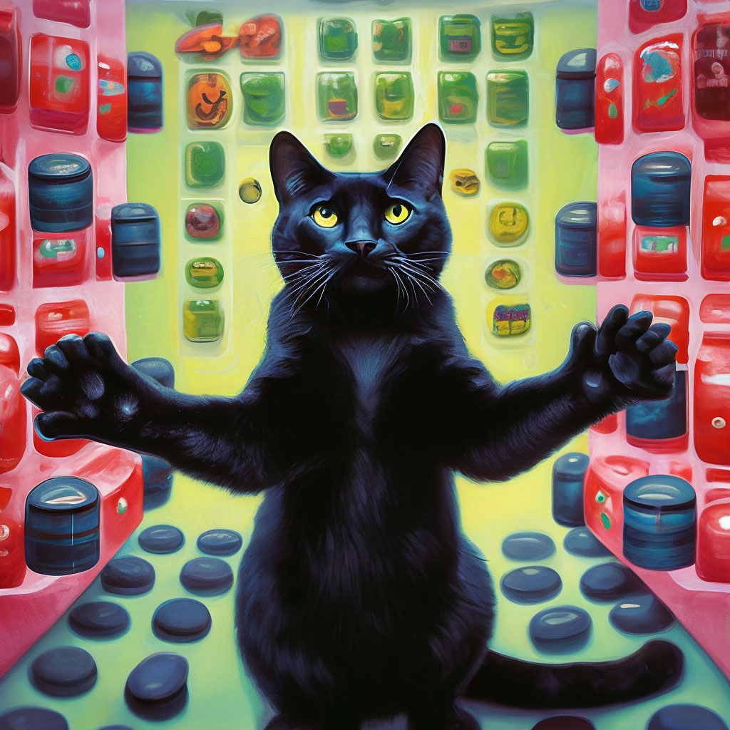 "Black cat, matrix, paws outstretched, choose a pill" — image created ...