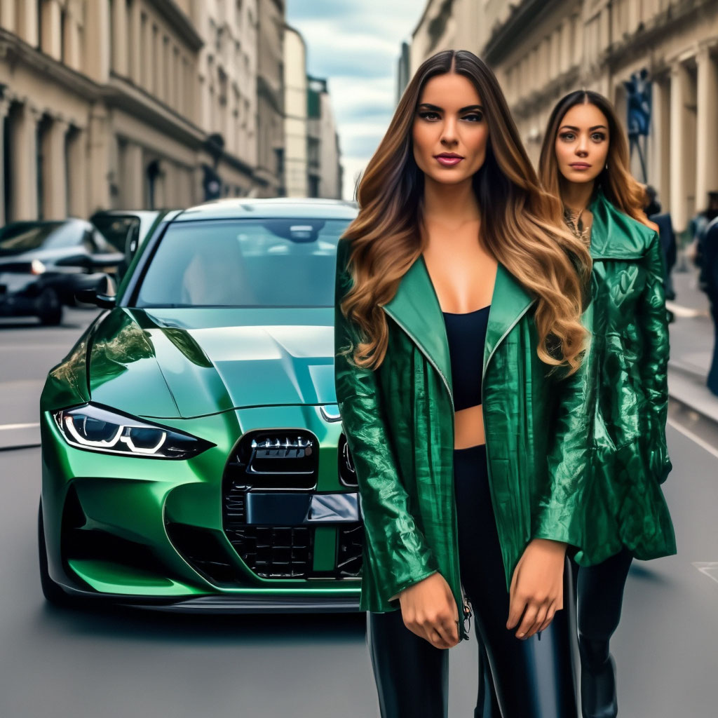 "The queue of girls stands behind an emerald-colored bmw m3 g80 ...