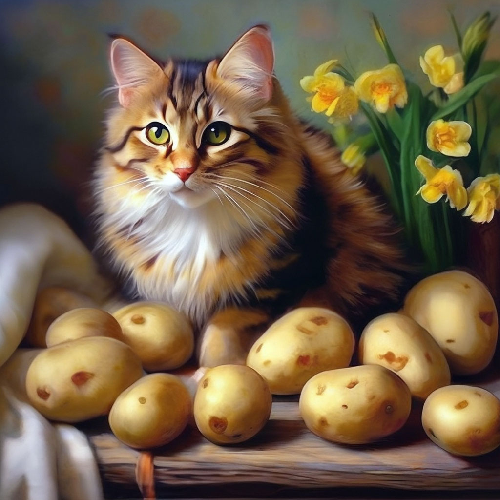"The cat with the potatoes is beautiful and sweet" — image created in ...