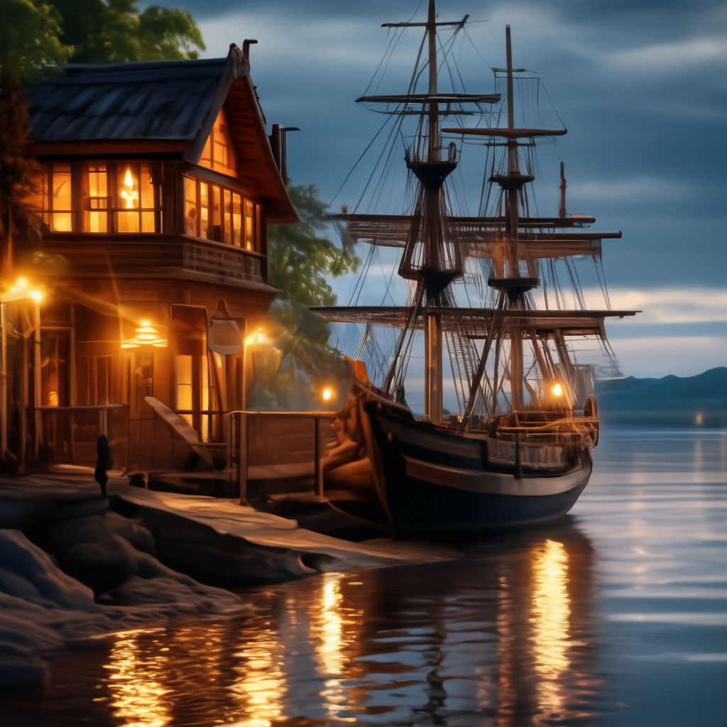 "An old brigantine stands by the shore at the mouth of a river flowing ...