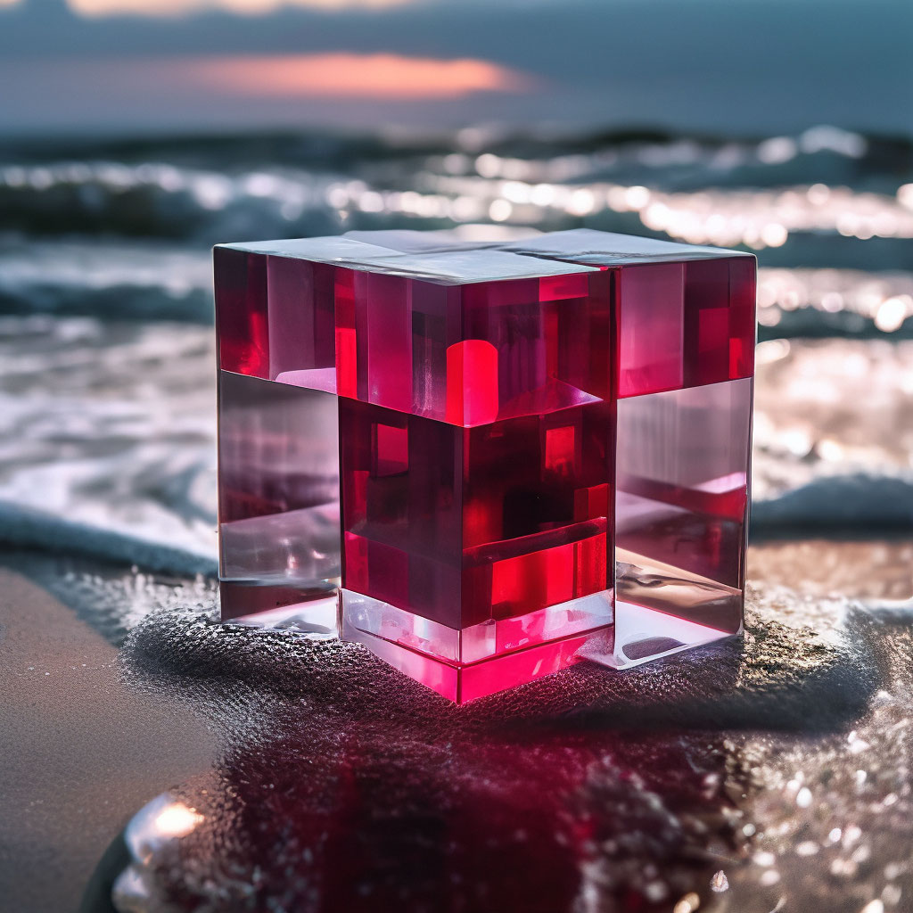 "Transparent ruby hypercube, by the sea, splashes, aesthetically ...