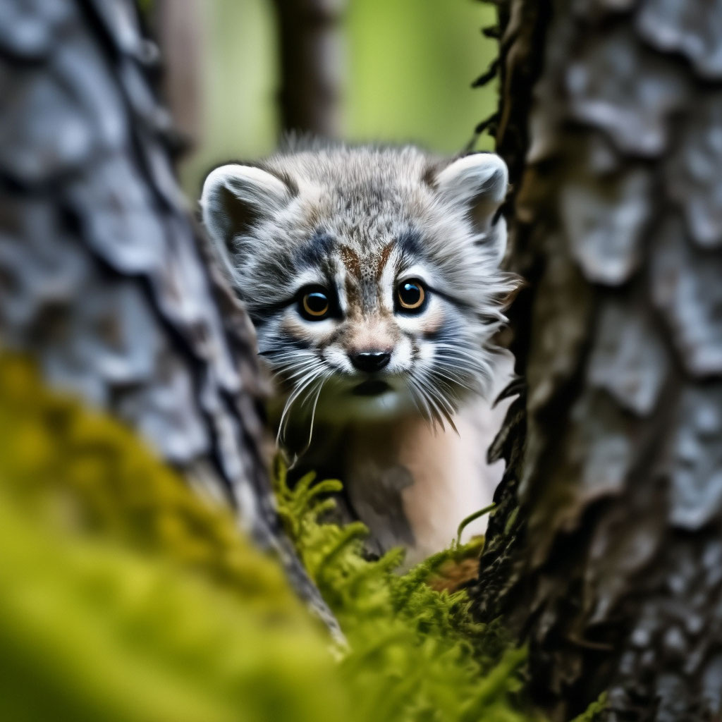 "Baby manulas peek out from behind a fir tree in the forest" — image ...