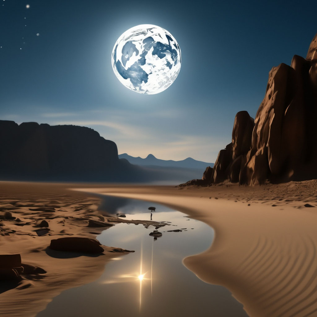 " photo the moon is huge bright, the desert is gray alive, surrealism ...