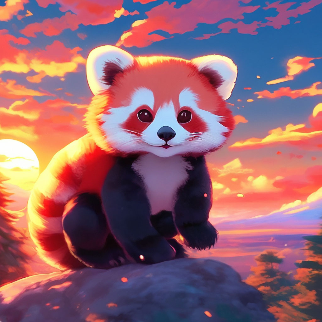 "Mega fluffy red panda in anime style, sunset" — image created in Shedevrum