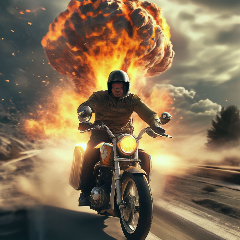 "A man rides away on a motorcycle from a nuclear explosion" — image ...