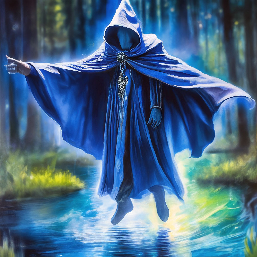 "A fairy-tale plot, a Wizard in a dark blue neon cape with a hood, arms ...