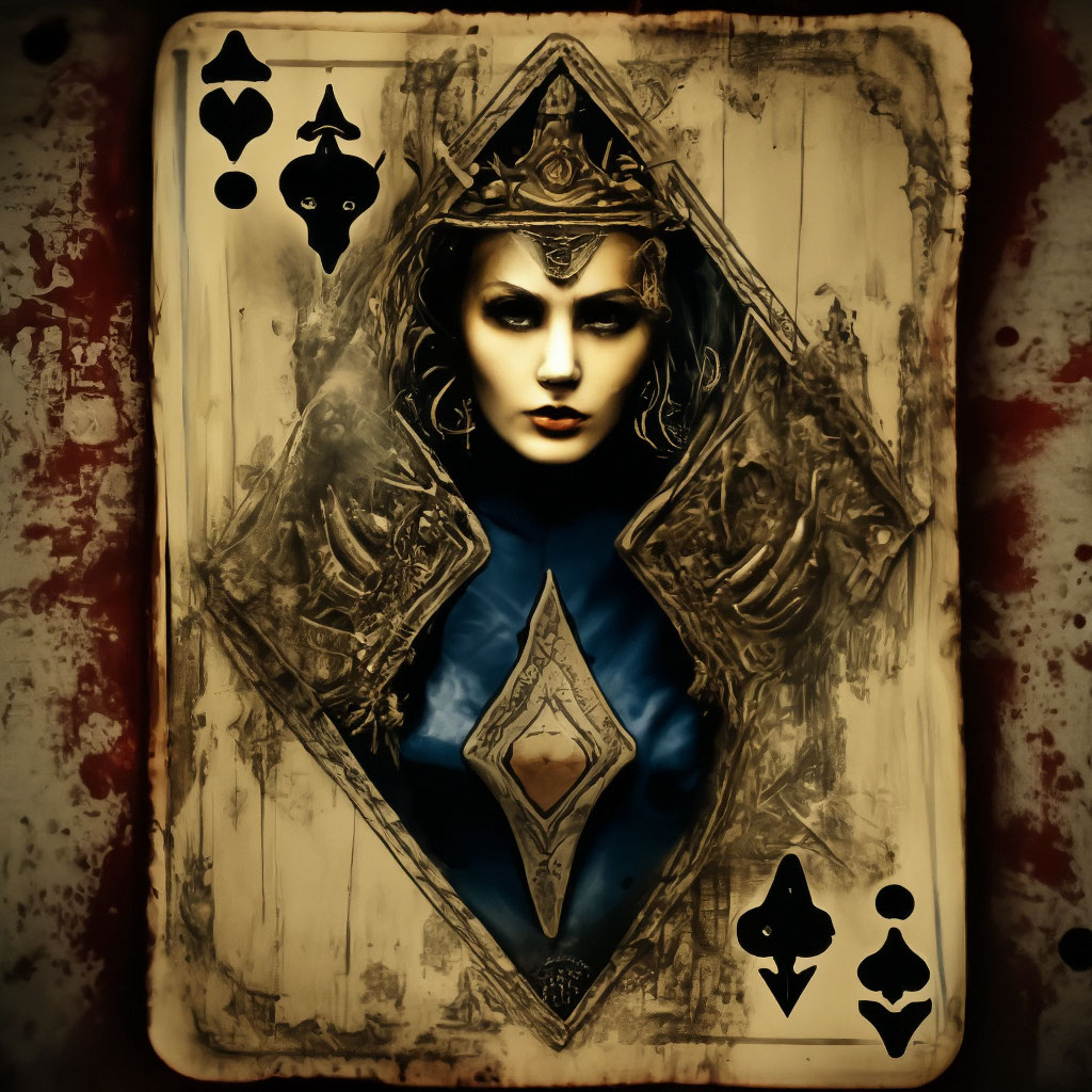 "Horror,sketch, old card game, queen of spades, old yellowed retrofoto ...