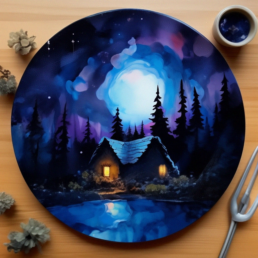 "Alcohol ink, night sky, moon, forest, landscape, Russian village hut ...