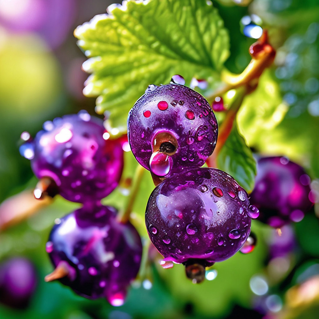 "🫐 ripe juicy appetizing purple currant on a branch, dew drops, the sun ...