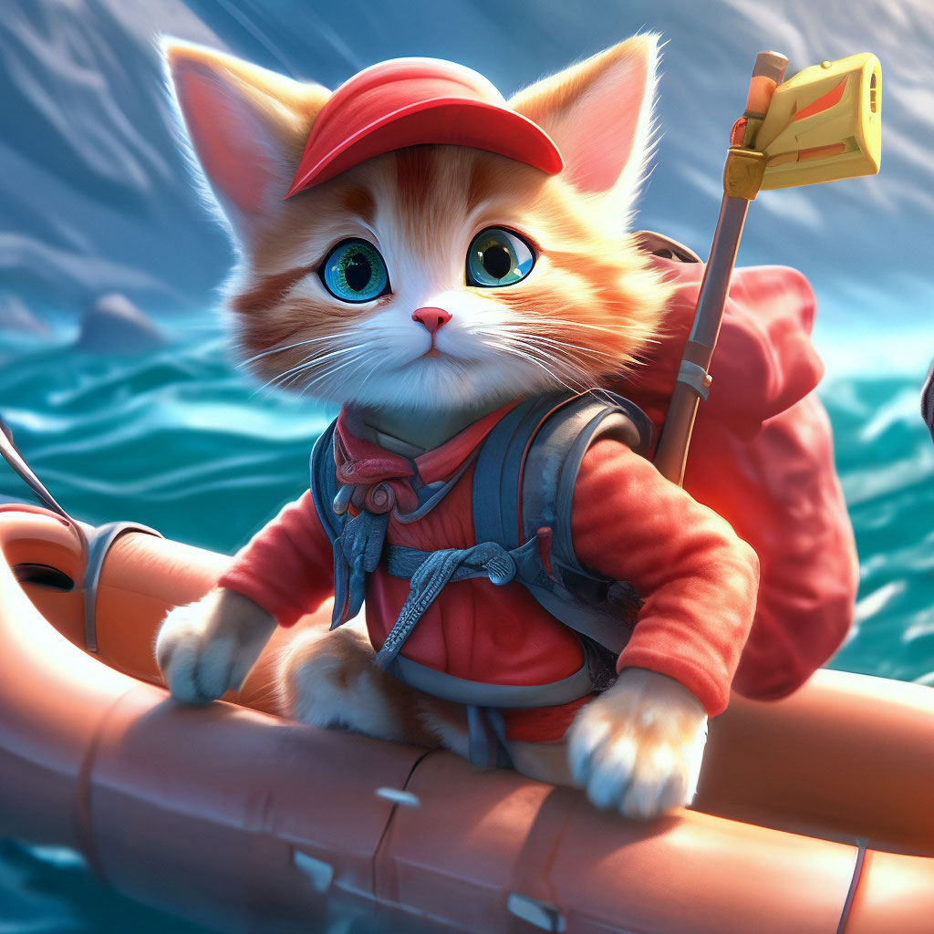 "Cartoon cute red cat with a hiking backpack on a raft in the future ...