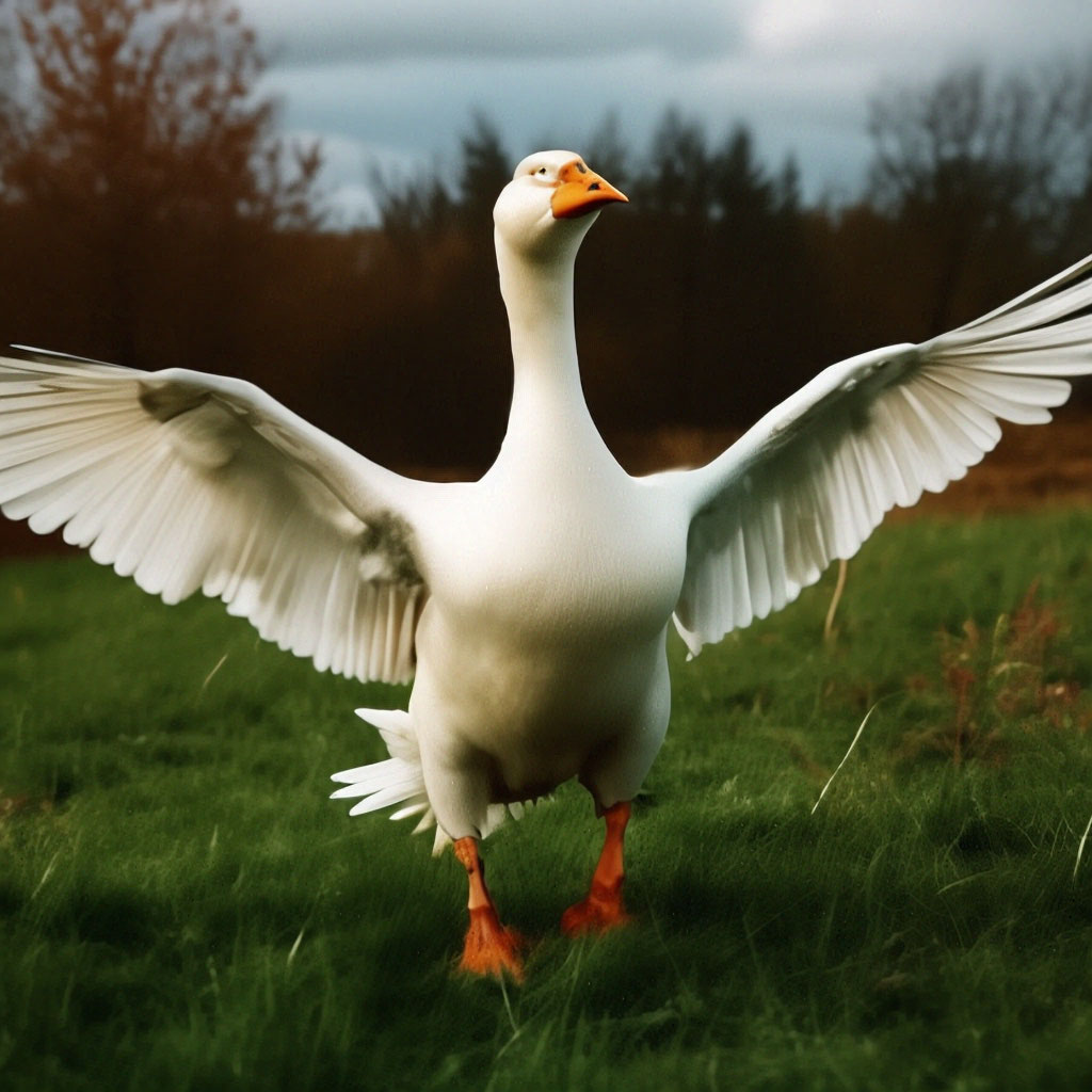 "Professional studio photo, close-up, a lone white goose runs screaming ...