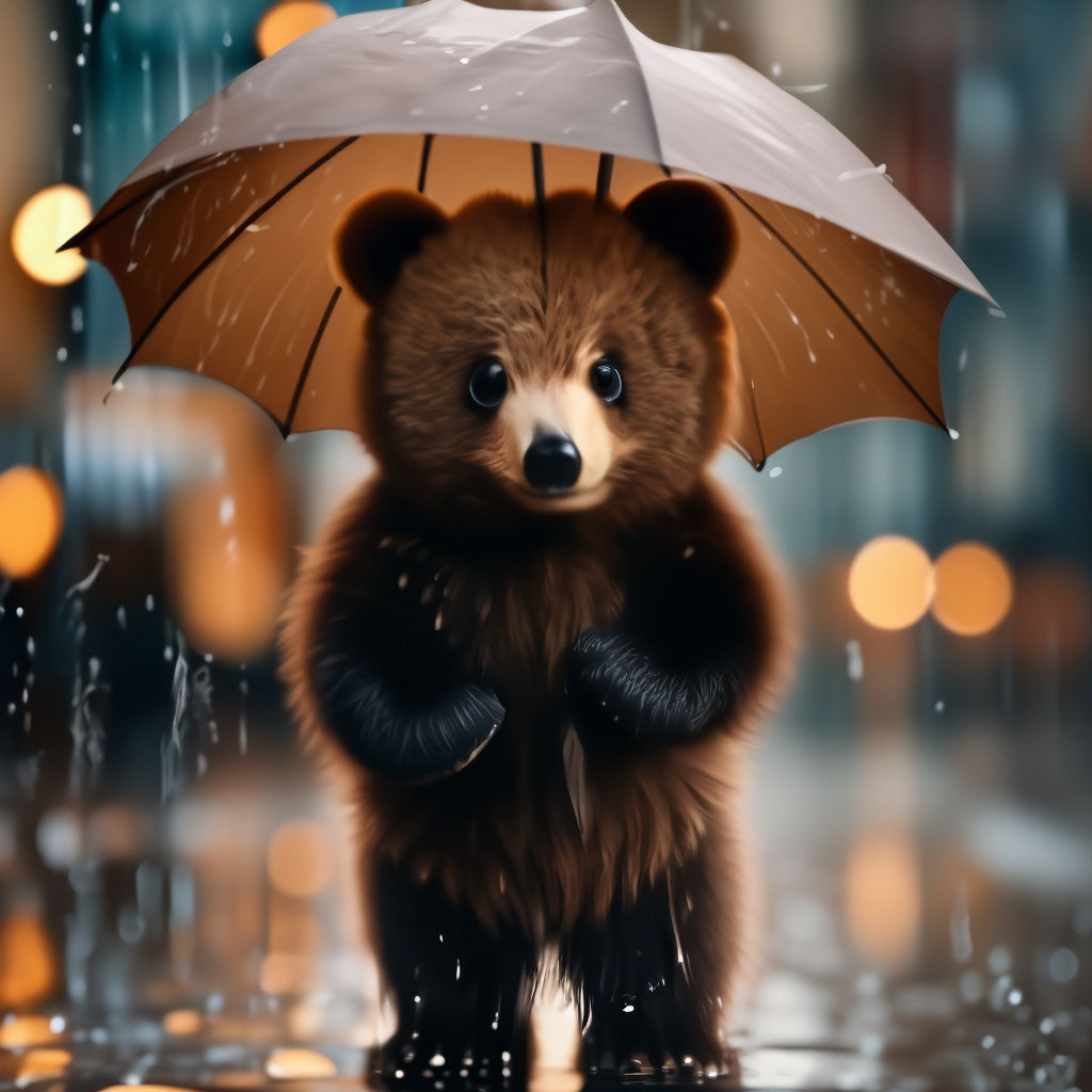 "A small ultra-cute bear cub stands with an umbrella in the rain ...