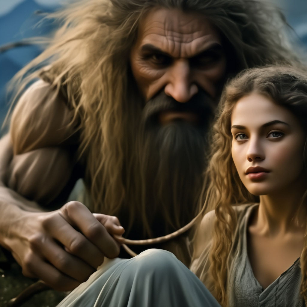 ". fantastic tales, foreground: in front of a huge creep Troll sits a ...
