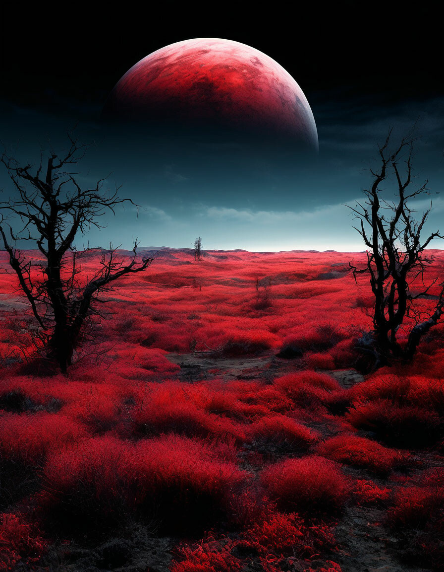 "A landscape of an unknown world. Night. acid clouds, A huge red planet ...