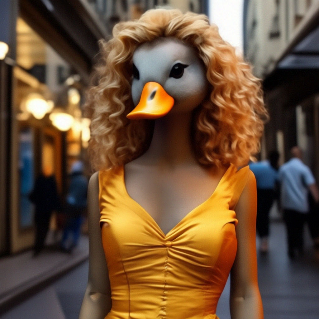 "Anthropomorphic Duck with wavy hair as Carrie Bradshaw in the TV ...
