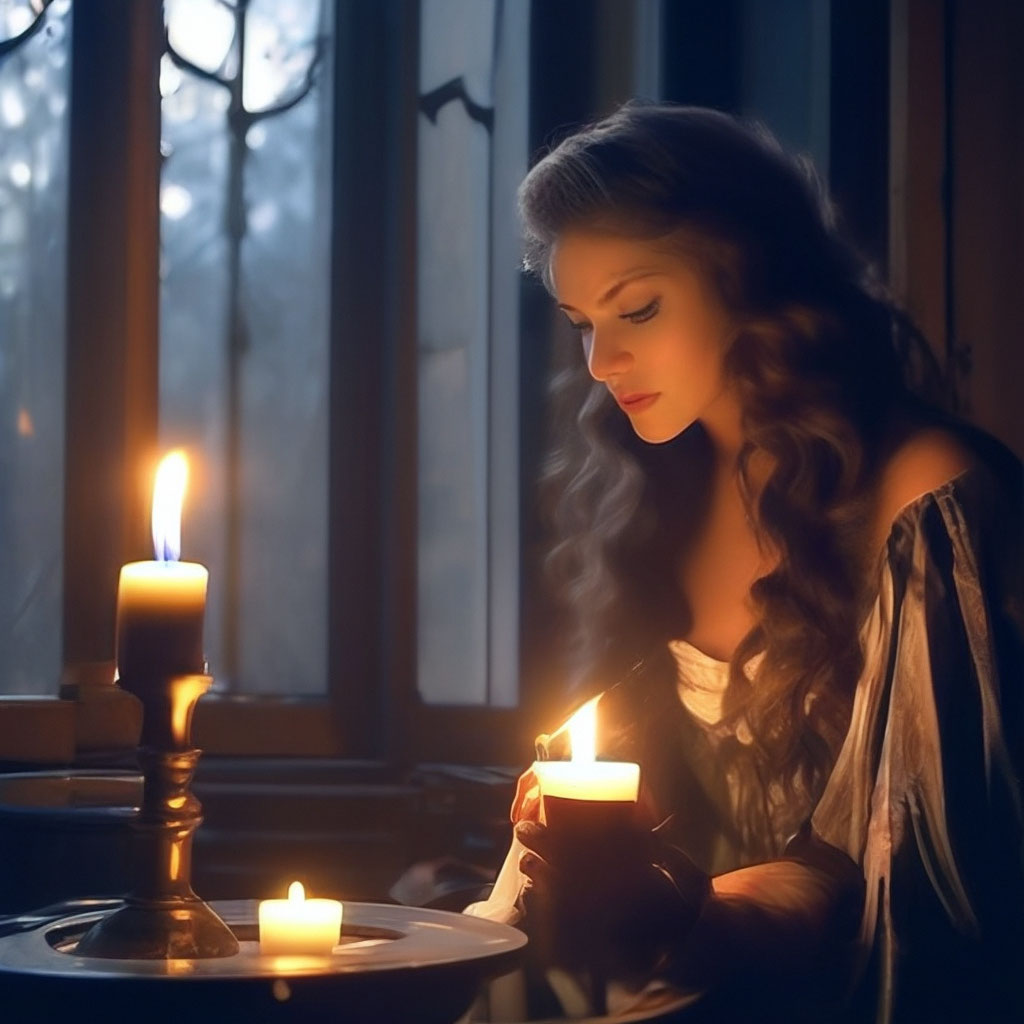 "While the candle is burning gothic, one candle, dim light, skylight ...