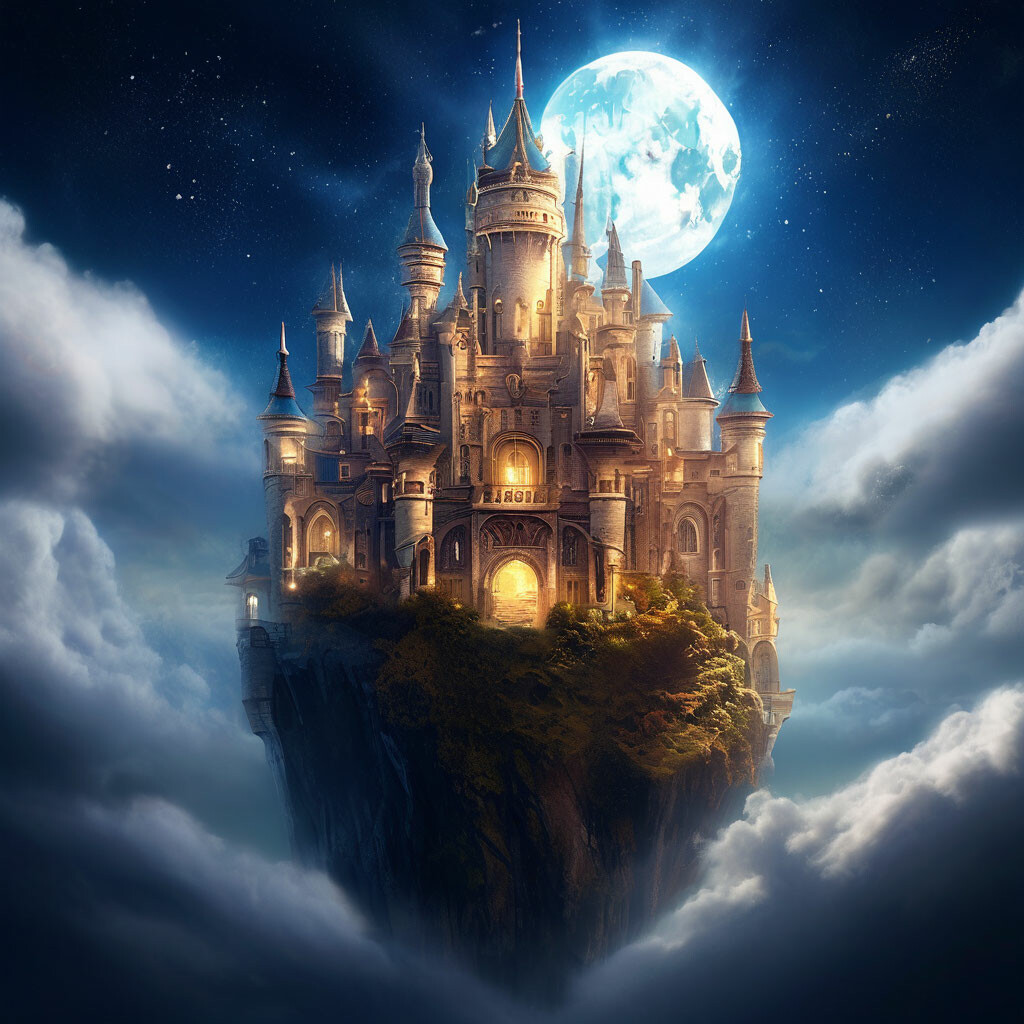 "A magical castle soars in the clouds…" — image created in Shedevrum