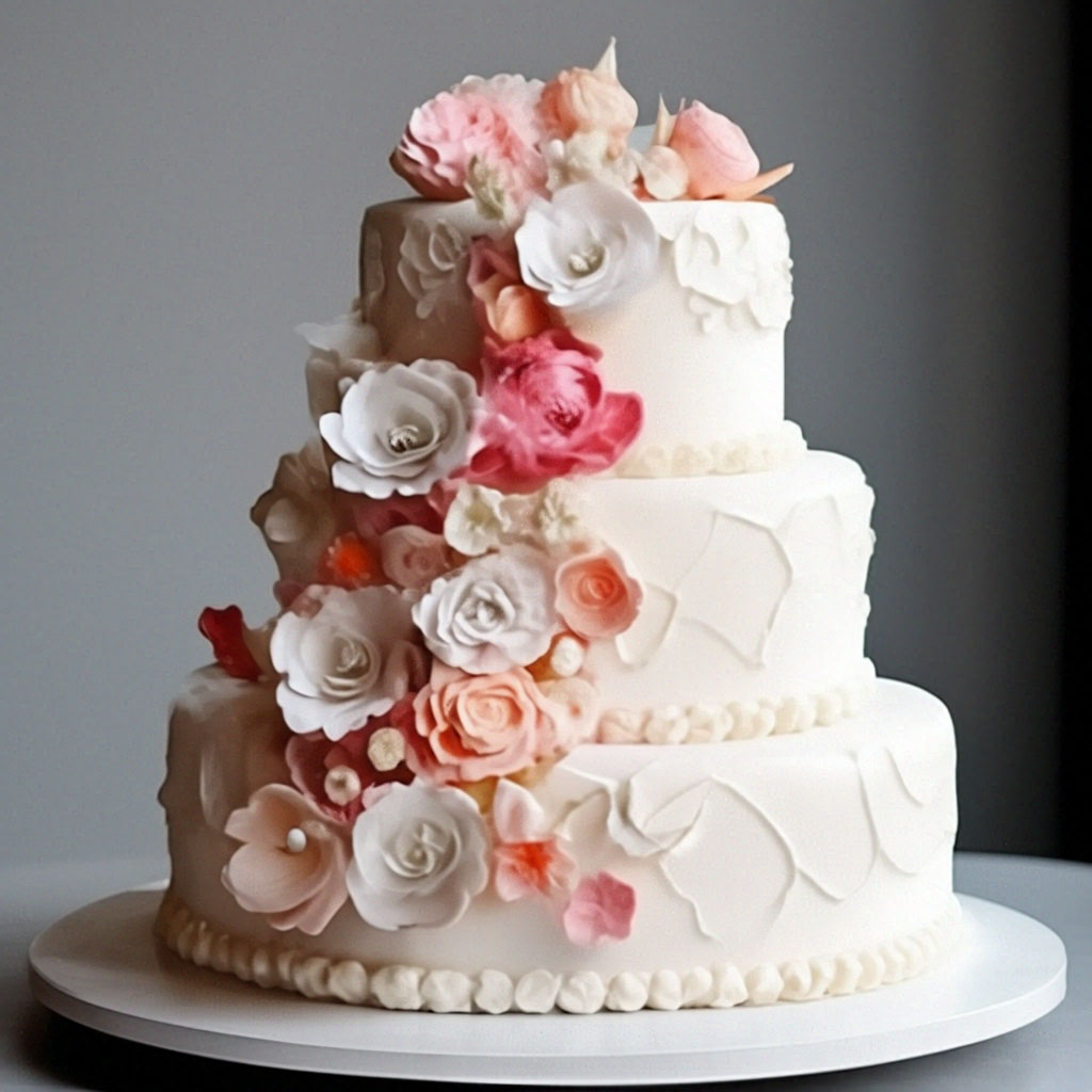 "Cream flowers on the cake, wedding high cake, light background ...