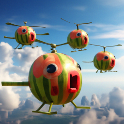 «A squad of watermelon helicopters in the sky» — video created in Shedevrum