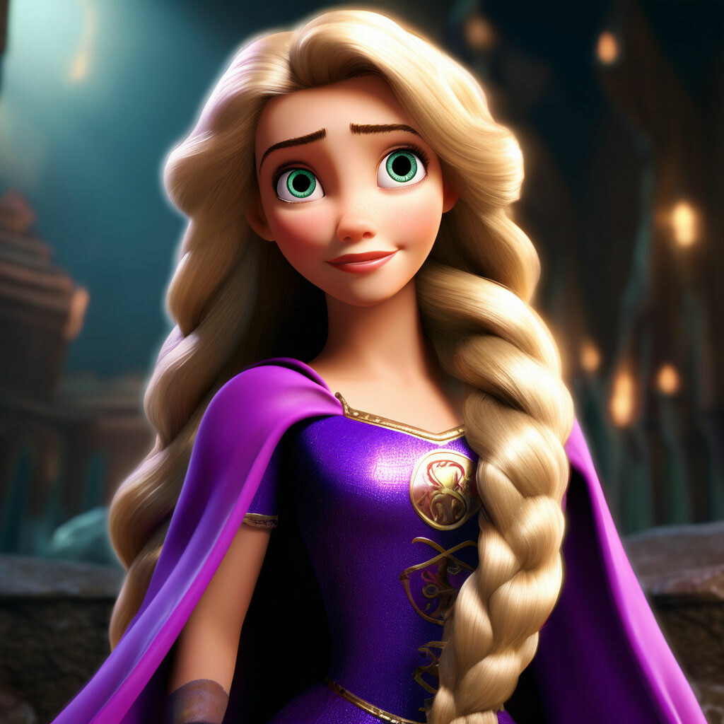 "Rapunzel as a superhero in a cape" — image created in Shedevrum