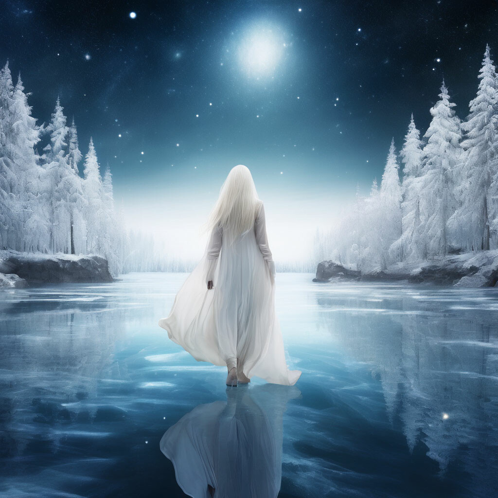 "Cosmic winter lake, winter cosmic forest, evening, excellent quality ...