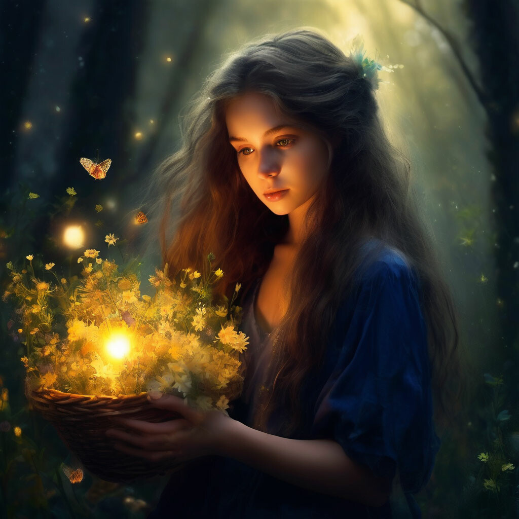 "Beautiful herbalist girl, long hair, dark forest, basket of flowers, bright …" — image created ...
