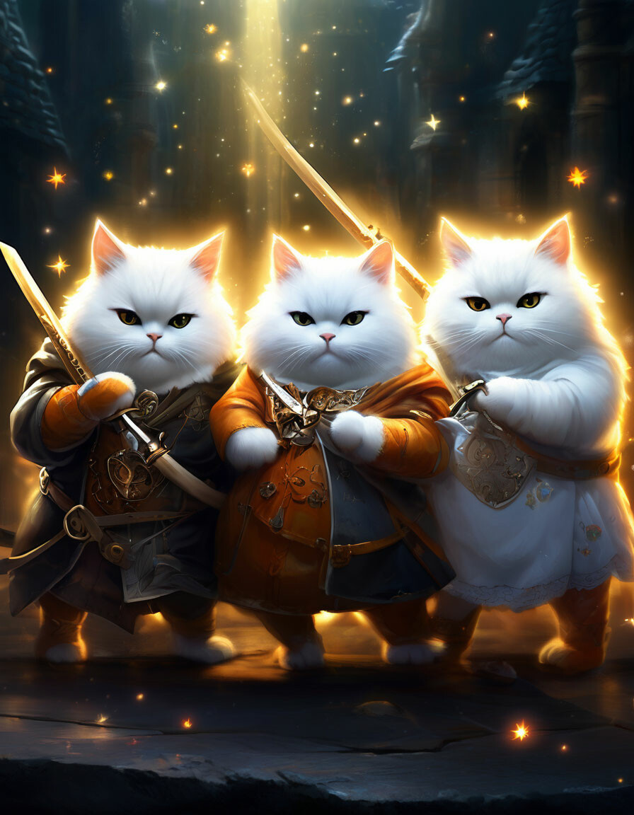 "Horror three fat cats three Musketeers crossing swords magic radiance ...