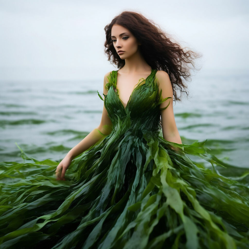 "Beautiful girl, dress made of green kelp algae, sea, macro" — image ...
