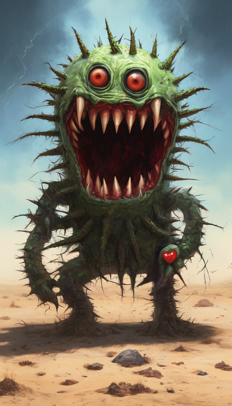 "A highly detailed sketch. creepy monster-cactus huge reflective eyes ...