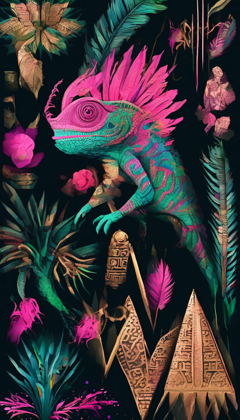semi-profile, figures, flora, pink chameleon, Aztec pyramids ...