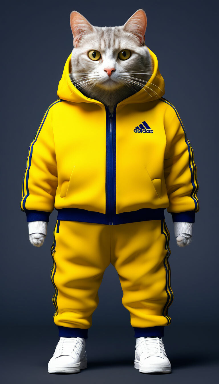 "A cat in a yellow Adidas tracksuit" — image created in Shedevrum