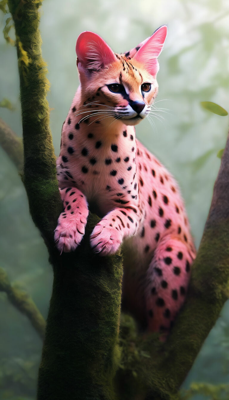 "Pink serval lying on a tree, close-up, fog, foliage, beautiful ...